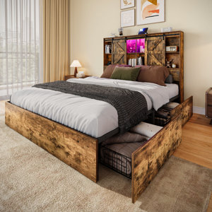 Millwood Pines Farmhouse Bed Frame With Bookcase Headboard, Power Outlets & LED Lights | Wayfair